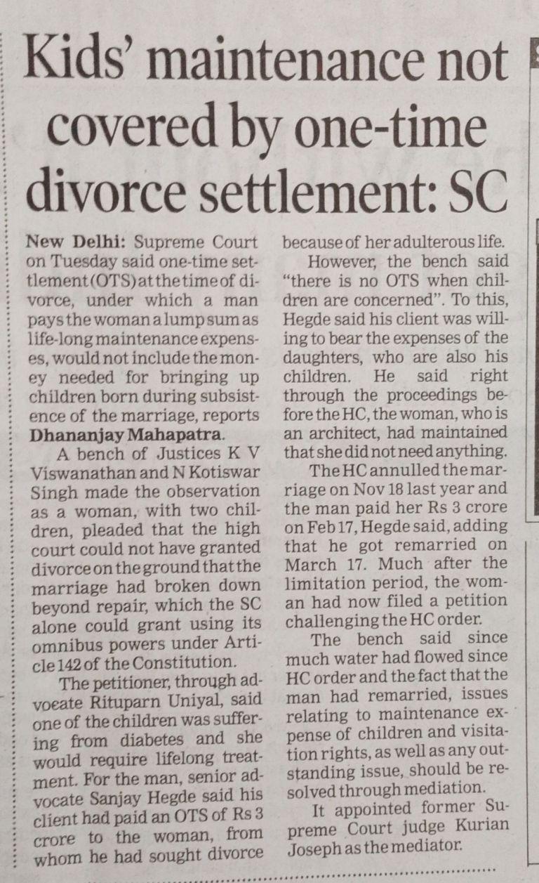 Divorce One Time Settlement and Children Maintenance -SC – Latest Legal ...